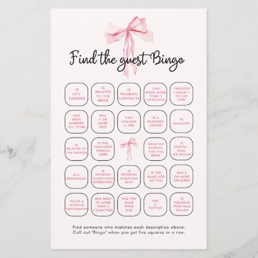 Elegant Pink Ribbon Find The Guest Bingo Game | Zazzle