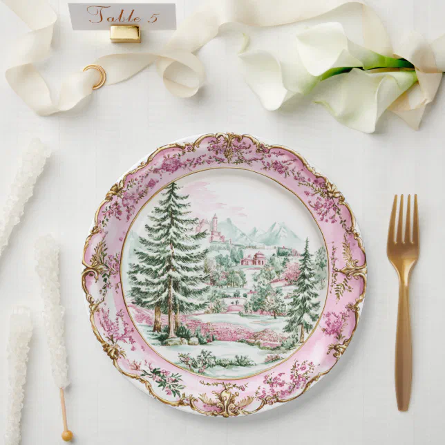 Elegant Pink Rococo Holiday Dining Paper Plates | Zazzle