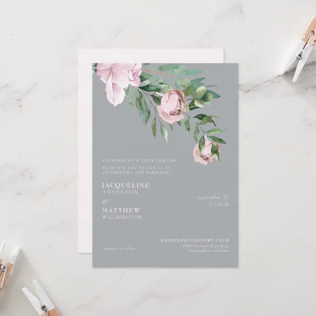 Elegant Pink Rose and Grey Together With Wedding Invitation | Zazzle