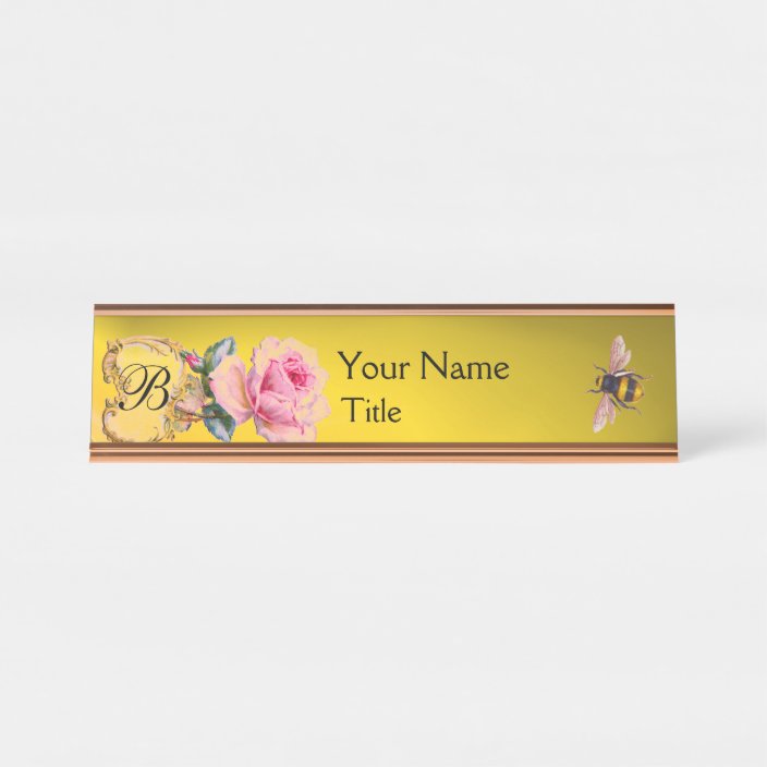 ELEGANT PINK ROSE AND HONEY BEE BEEKEEPER MONOGRAM DESK NAME PLATE ...