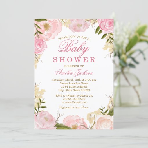Elegant Pink Rose Baby Shower Invitation | Zazzle