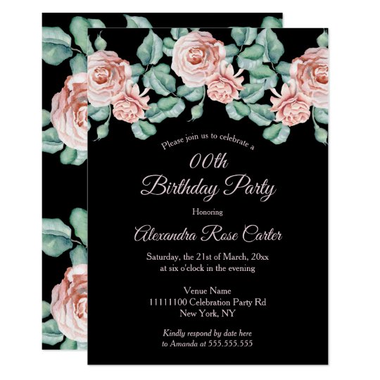 Elegant Pink rose black floral Birthday Party Invitation | Zazzle.com