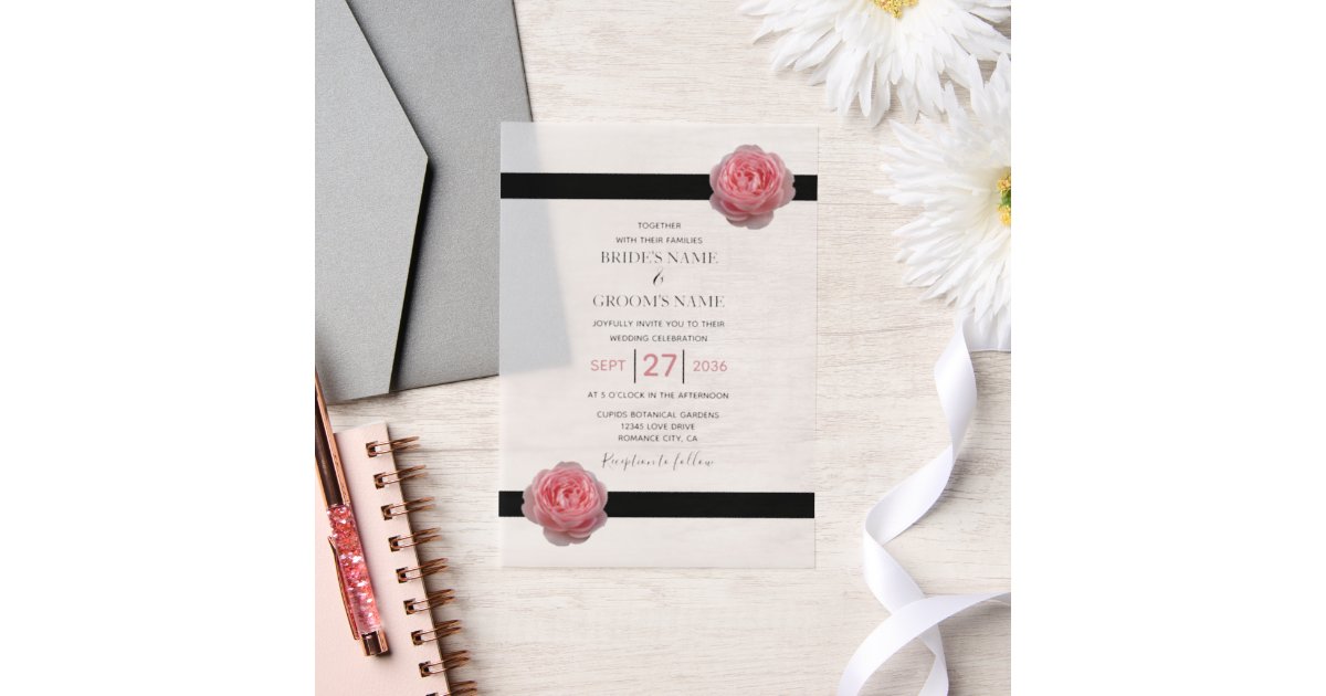 Elegant Pink Rose Black Ribbon Wedding Invitations | Zazzle