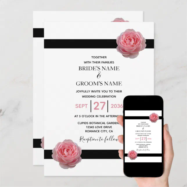 Elegant Pink Rose Black Ribbon Wedding Invitations | Zazzle