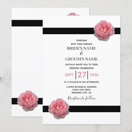 Elegant Pink Rose Black Ribbon Wedding Invitations | Zazzle.com