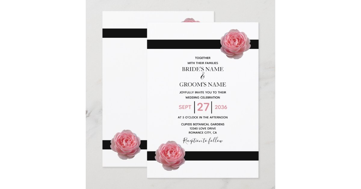 Elegant Pink Rose Black Ribbon Wedding Invitations | Zazzle