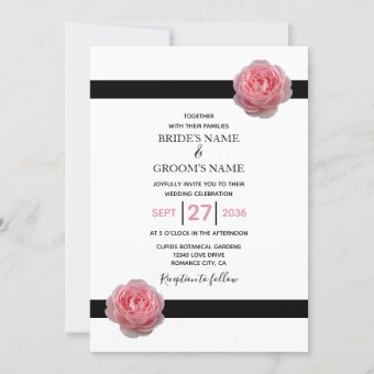 Elegant Pink Rose Black Ribbon Wedding Invitations | Zazzle