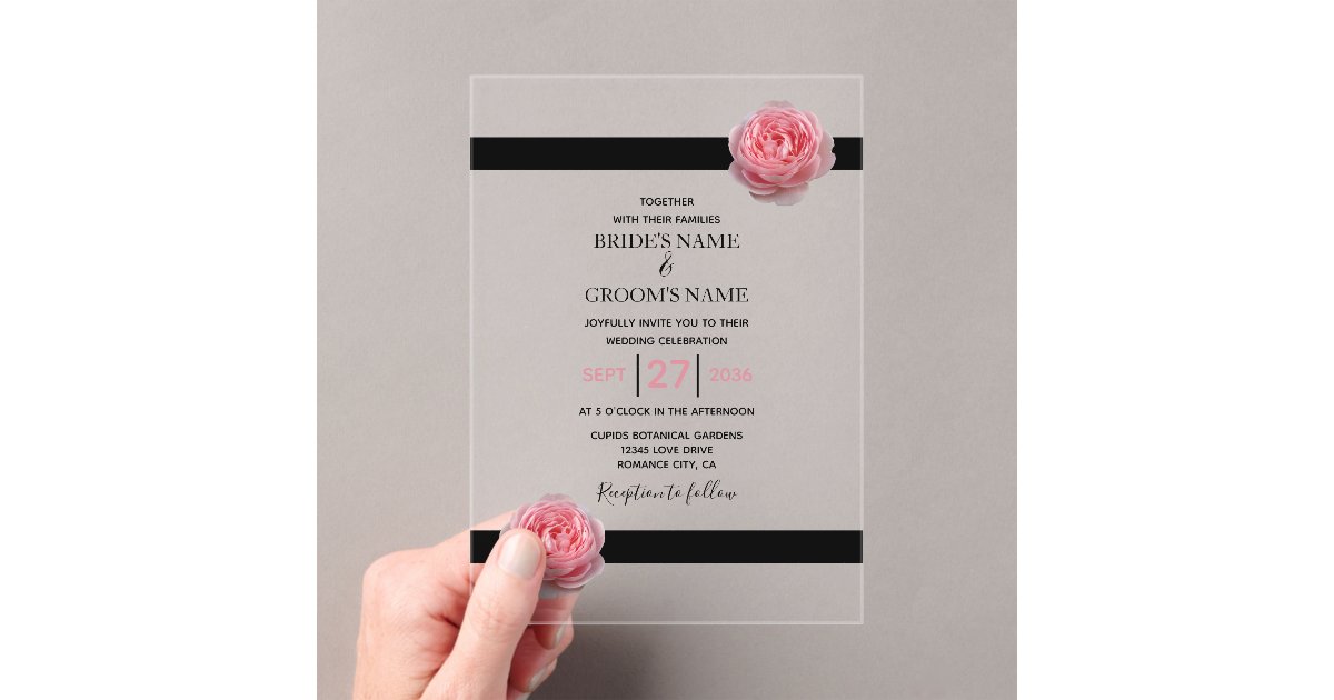 Elegant Pink Rose Black Ribbon Wedding Invitations | Zazzle