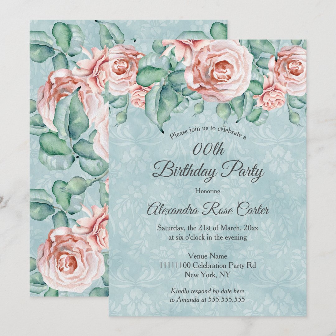 Elegant Pink rose blue floral Birthday Party Invitation | Zazzle