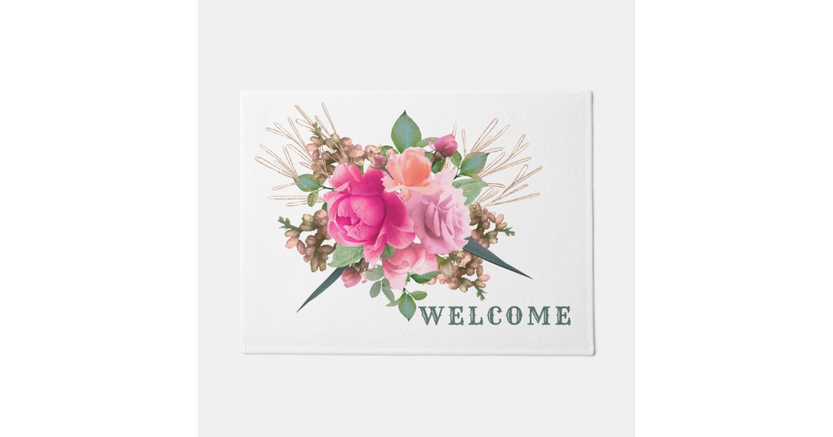 Elegant Pink Rose Floral Bouquet Welcome Doormat | Zazzle