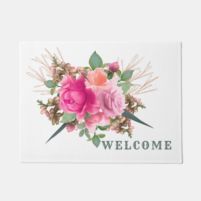 Elegant Pink Rose Floral Bouquet Welcome Doormat | Zazzle