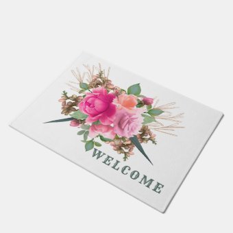 Elegant Pink Rose Floral Bouquet Welcome Doormat | Zazzle