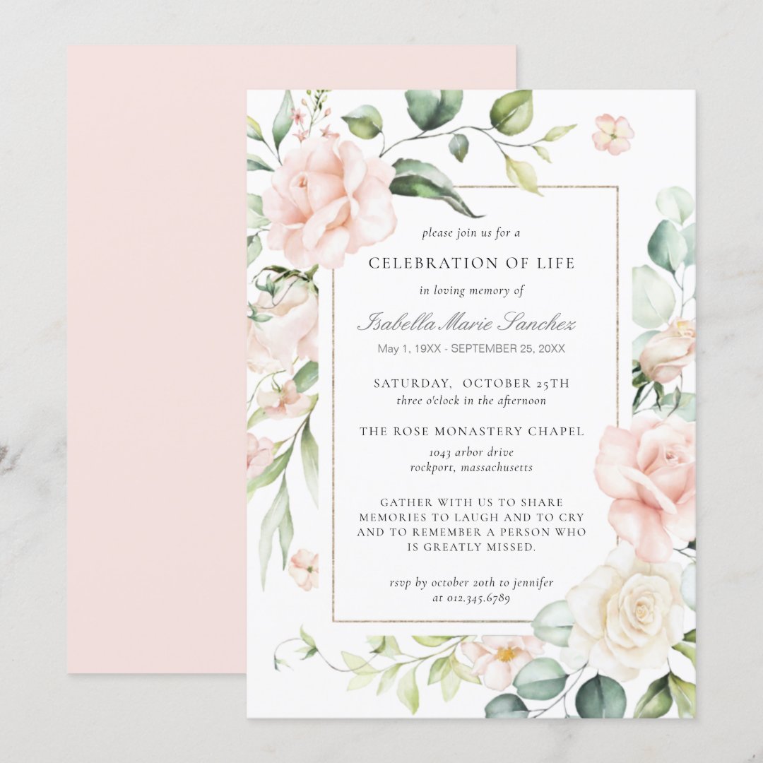 Elegant Pink Rose Floral Celebration of Life Invit Invitation | Zazzle