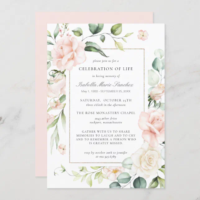 Elegant Pink Rose Floral Celebration of Life Invit Invitation | Zazzle
