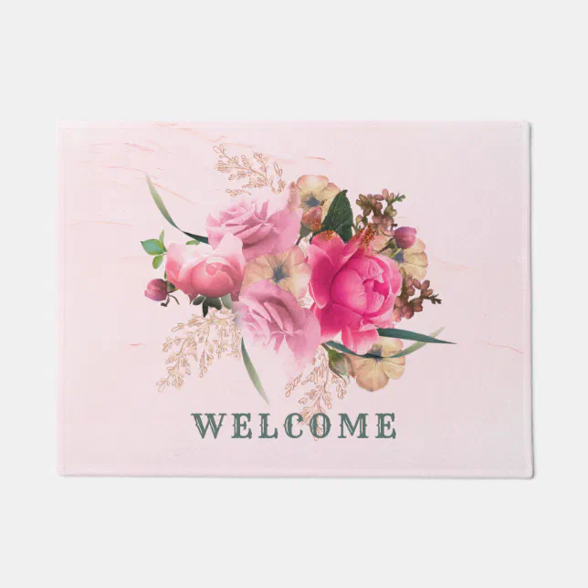 Elegant Pink Rose Floral Gold Bouquet Welcome Doormat | Zazzle
