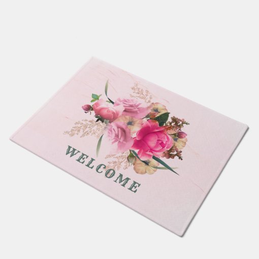 Elegant Pink Rose Floral Gold Bouquet Welcome Doormat | Zazzle