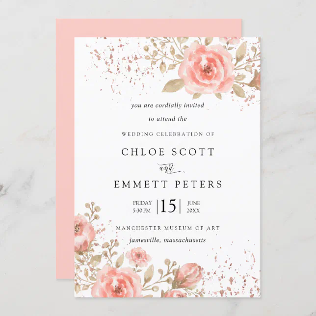 Elegant Pink Rose Floral Gold Leaves Invitation | Zazzle