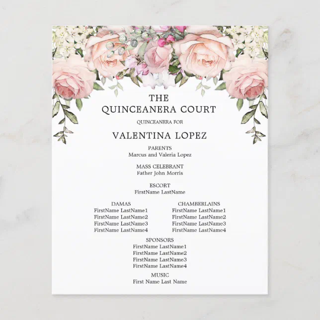 Elegant Pink Rose Floral Quinceanera Program | Zazzle