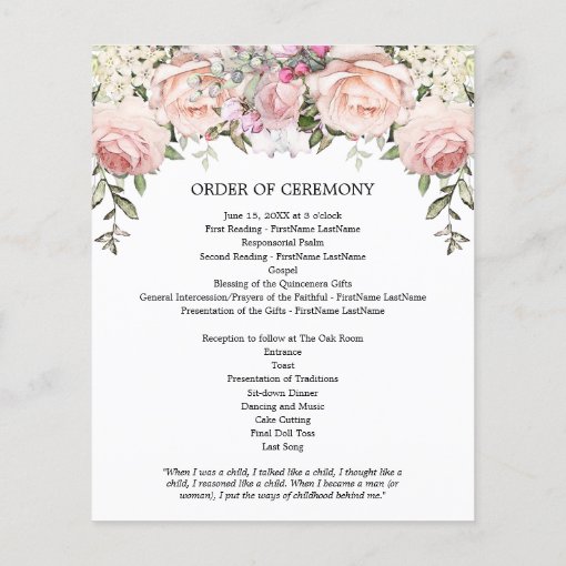 Elegant Pink Rose Floral Quinceanera Program | Zazzle
