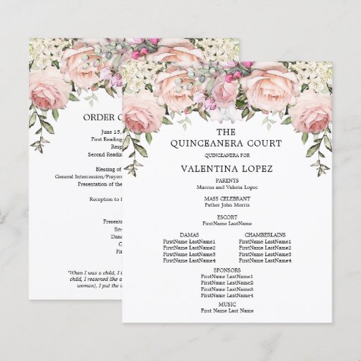 Elegant Pink Rose Floral Quinceanera Program | Zazzle