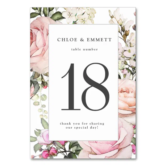 Elegant Pink Rose Floral Wedding Table Number | Zazzle