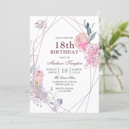 Elegant Pink Rose Geometric 18th Birthday Party Invitation | Zazzle