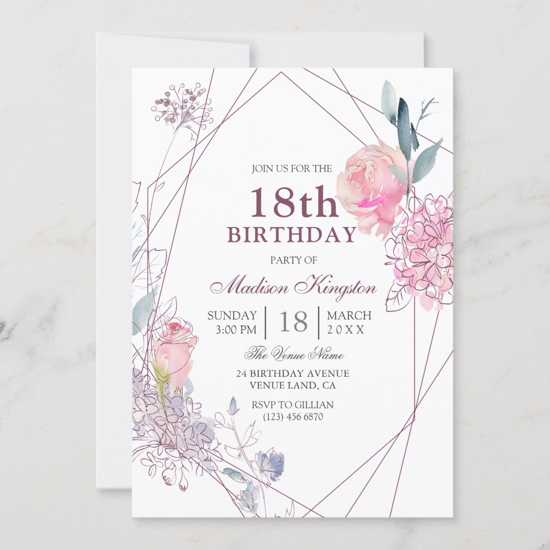 Elegant Pink Rose Geometric 18th Birthday Party Invitation | Zazzle