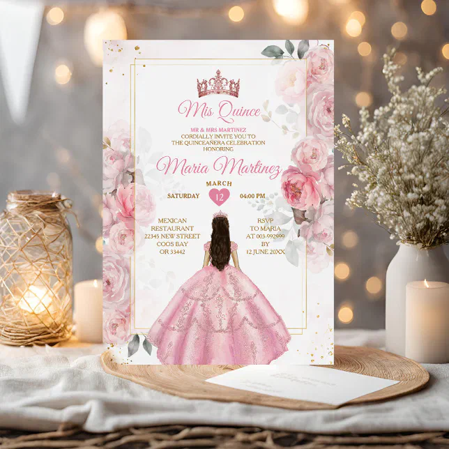 Elegant Pink Rose Gold Floral Princess Mis Quince Invitation | Zazzle
