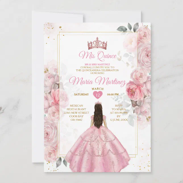 Elegant Pink Rose Gold Floral Princess Mis Quince Invitation | Zazzle