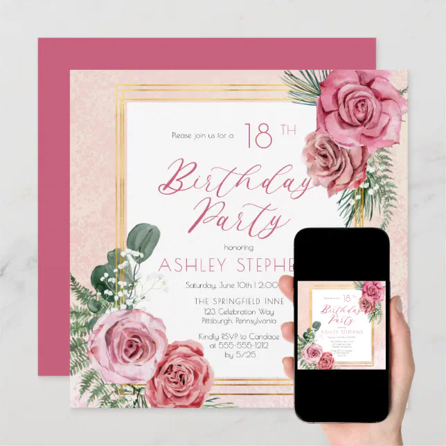 Elegant Pink Rose | Gold Frame 18th Birthday Party Invitation | Zazzle