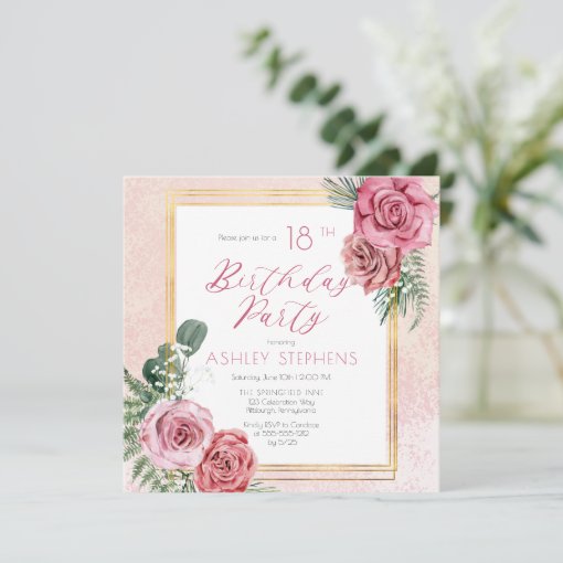 Elegant Pink Rose | Gold Frame 18th Birthday Party Invitation | Zazzle