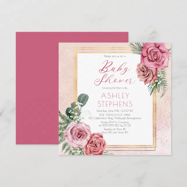 Elegant Pink Rose | Gold Frame Girl Baby Shower Invitation | Zazzle
