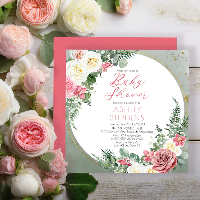 Elegant Pink Rose | Gold Frame Girl Baby Shower Invitation | Zazzle