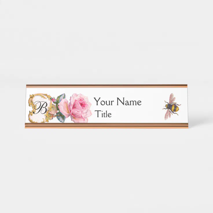 ELEGANT PINK ROSE ,HONEY BEE BEEKEEPER MONOGRAM DESK NAME PLATE | Zazzle