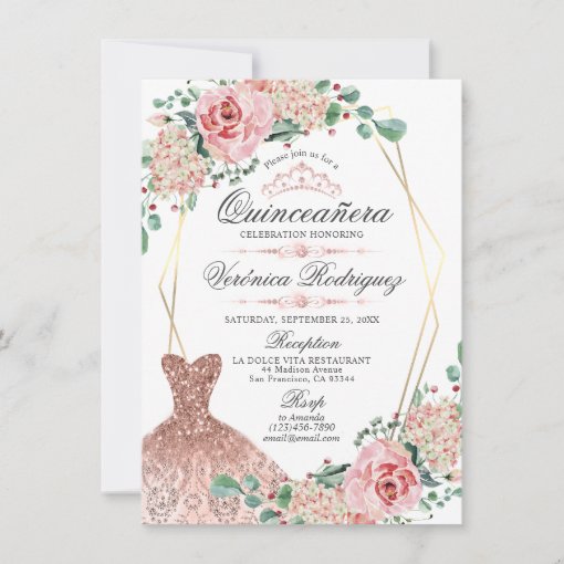 Elegant Pink Rose Quinceañera Quince Crown Tiara Invitation | Zazzle