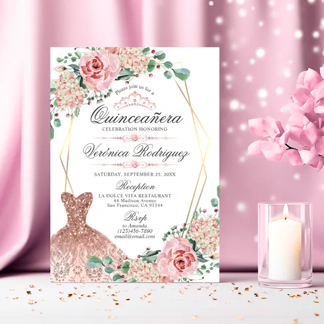 Elegant Pink Rose Quinceañera Quince Crown Tiara Invitation | Zazzle