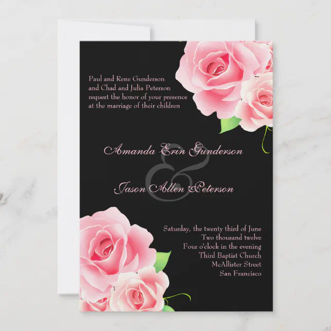 Elegant Pink Rose Wedding Invitation [Black] | Zazzle