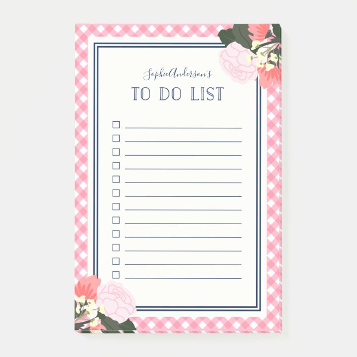 Elegant Pink Roses Floral Gingham To Do List Post-it Notes | Zazzle.com