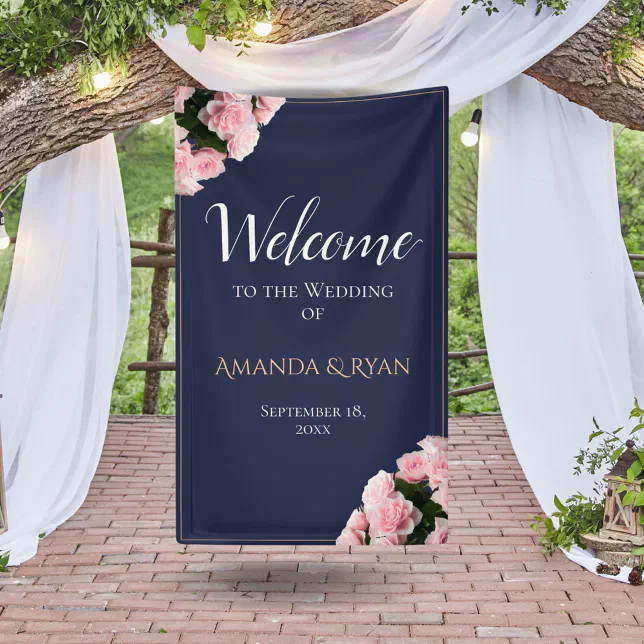 Elegant Pink Roses Floral Wedding Welcome Banner | Zazzle