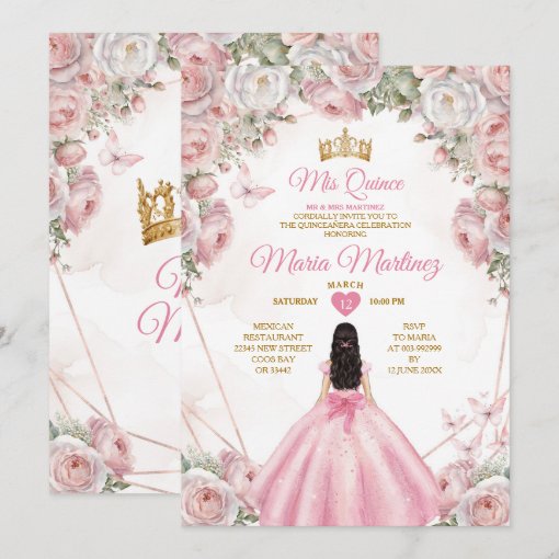 Elegant Pink Roses Gold Crown Butterfly Mis Quince Invitation | Zazzle
