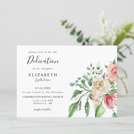 Elegant Pink Roses Watercolor Baby Dedication Invitation | Zazzle