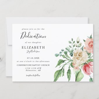 Elegant Pink Roses Watercolor Baby Dedication Invitation | Zazzle