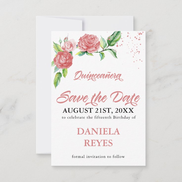 Elegant Pink Roses Watercolor Floral Quinceanera Save The Date | Zazzle