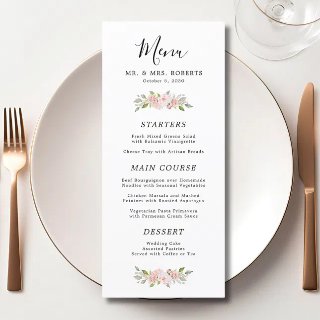 Elegant Pink Roses Wedding Menu | Zazzle