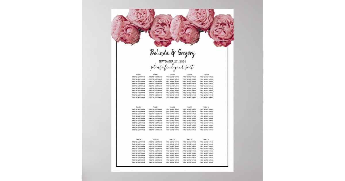 Elegant Pink Roses Wedding Seating Chart | Zazzle