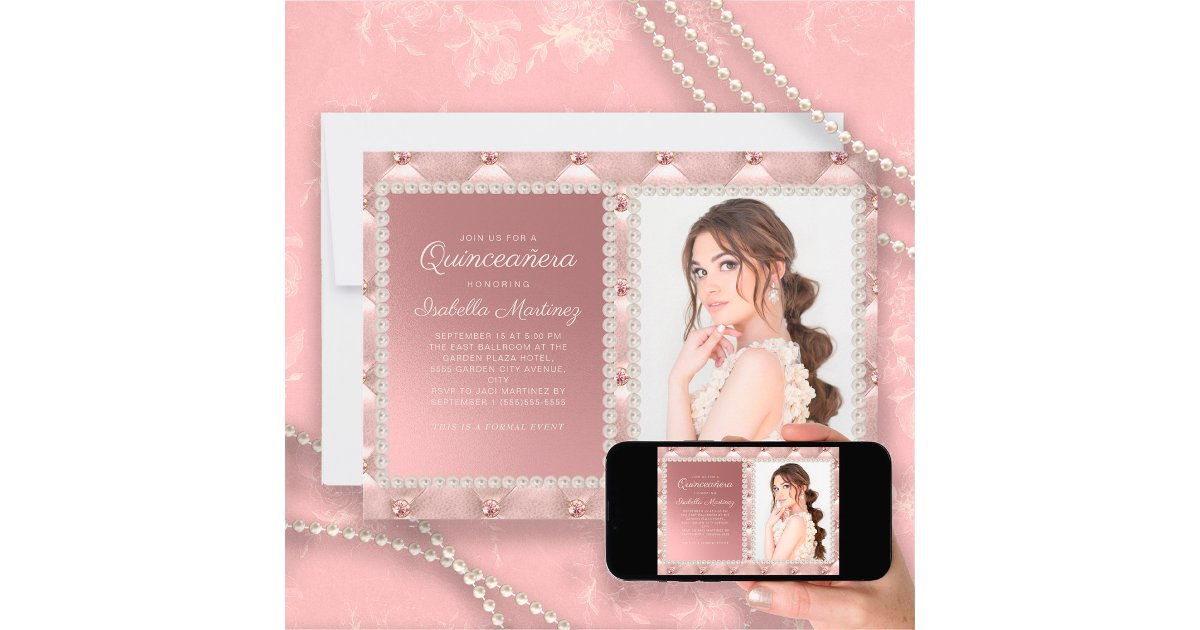 Elegant Pink Satin Pearls Jewels Photo Quinceañera Invitation | Zazzle
