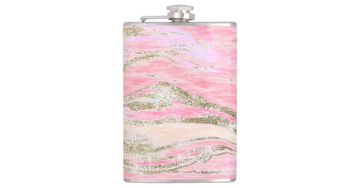 Elegant Pink Silver Glitter Marble Pattern Chic Flask | Zazzle