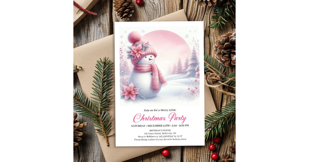 Elegant Pink Snowman Kids Editable Christmas Invit Invitation | Zazzle