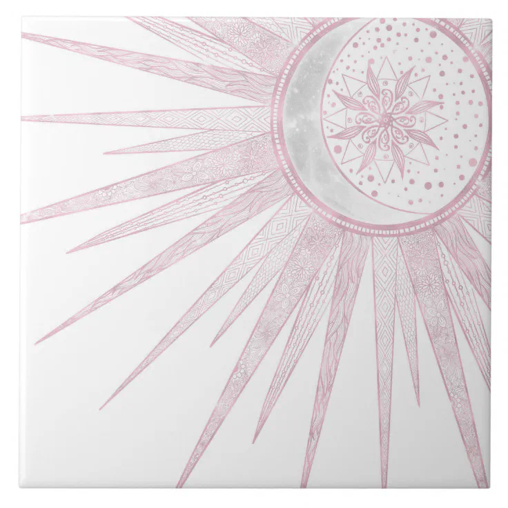 Elegant Pink Sun Moon Doodle Mandala White Design Ceramic Tile | Zazzle