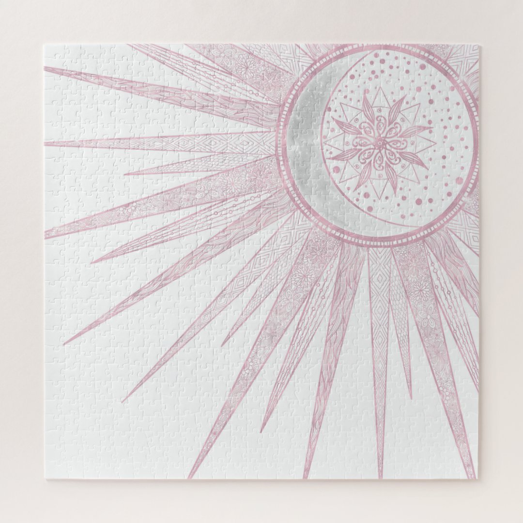 Elegant Pink Sun Moon Doodle Mandala White Design Jigsaw Puzzle | Zazzle